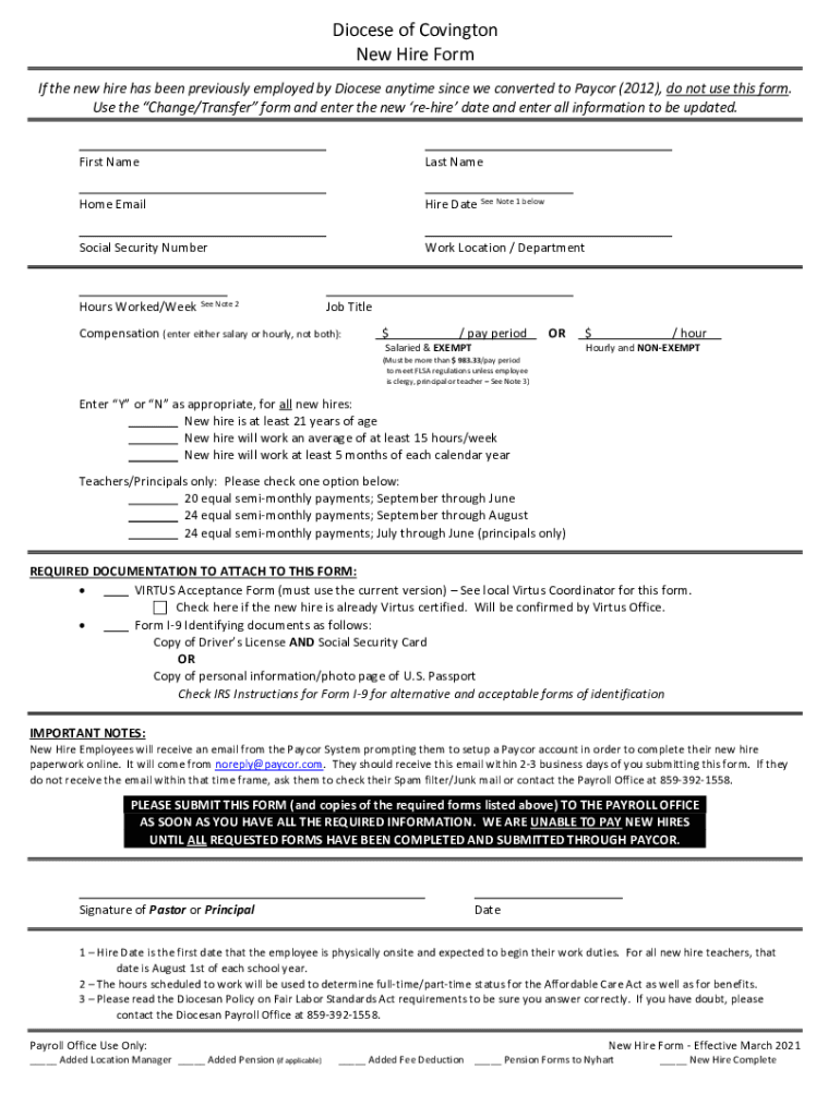 Fillable Online Diocese of Covington New Hire Form Fax Email Print - pdfFiller