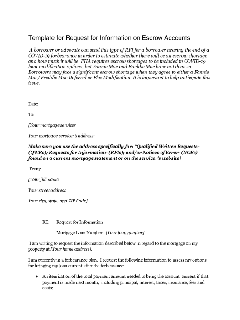 Fillable Online Template for Request for Information on Escrow Accounts ...