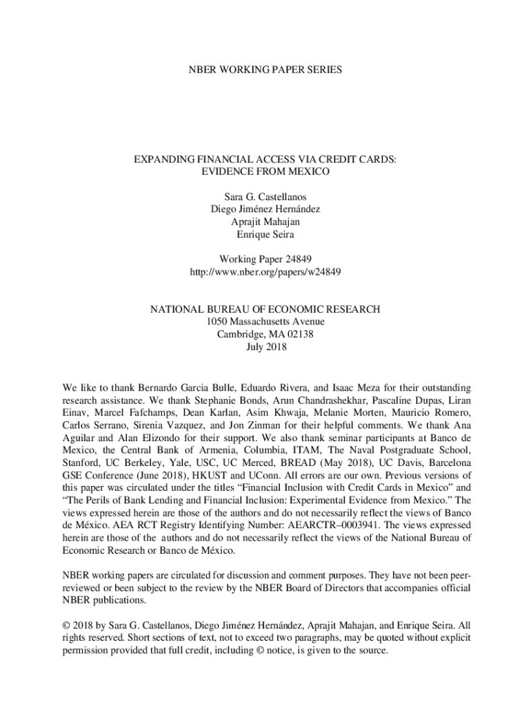 Fillable Online NBER WORKING PAPER SERIES FINANCIAL INCLUSION AND ...