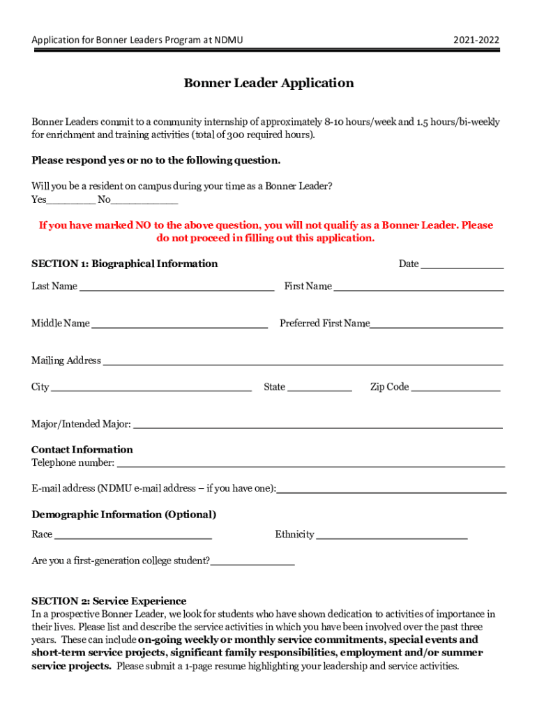 Fillable Online Bonner Leader Application - ndm.edu Fax Email Print ...