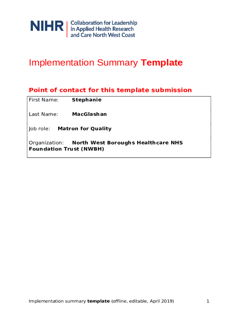Implementation summary TEMPLATEOFFLINE EDITABLE VERSION Doc Template ...