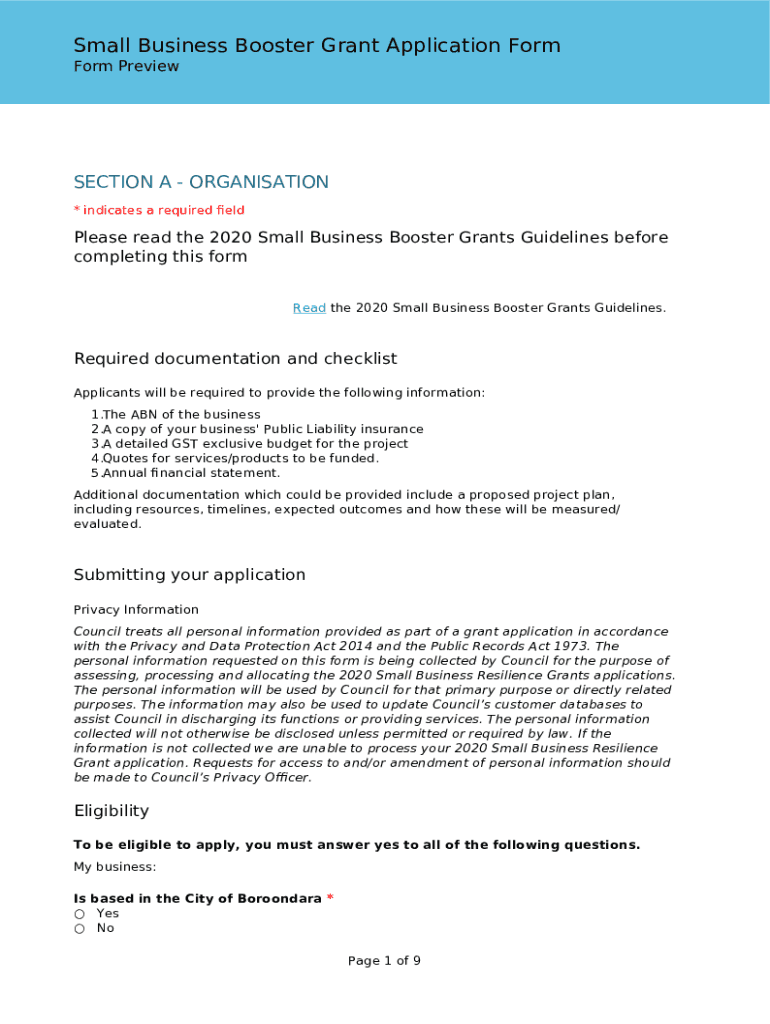 Fillable Online Small Business Booster Grant Application Form ...