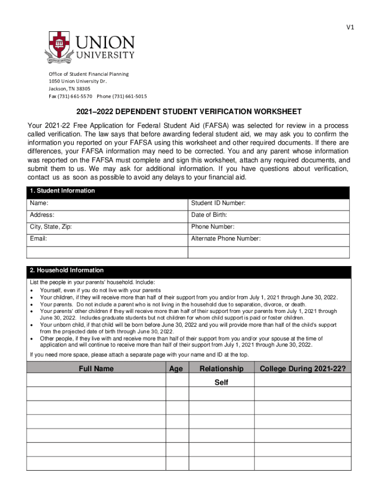 Fillable Online 1 2 INDEPENDENT STUDENT VERIFICATION WORKSHEET - UU Fax ...