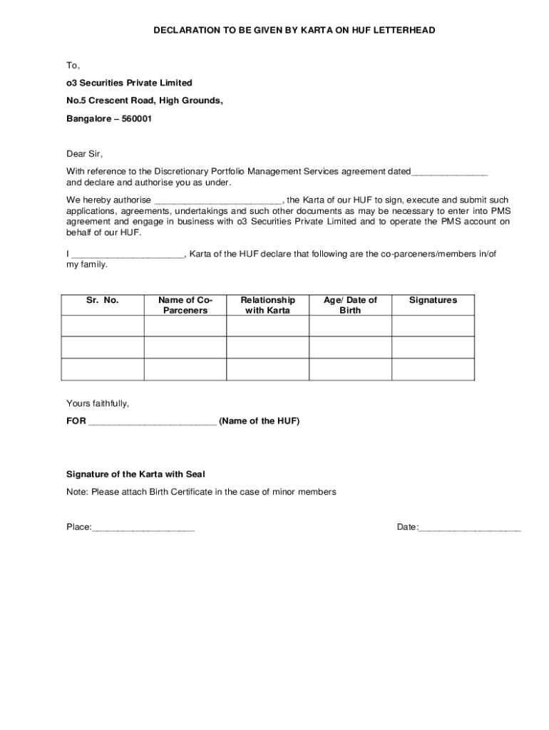 Fillable Online DECLARATION TO BE GIVEN BY KARTA ON HUF LETTERHEAD Fax ...