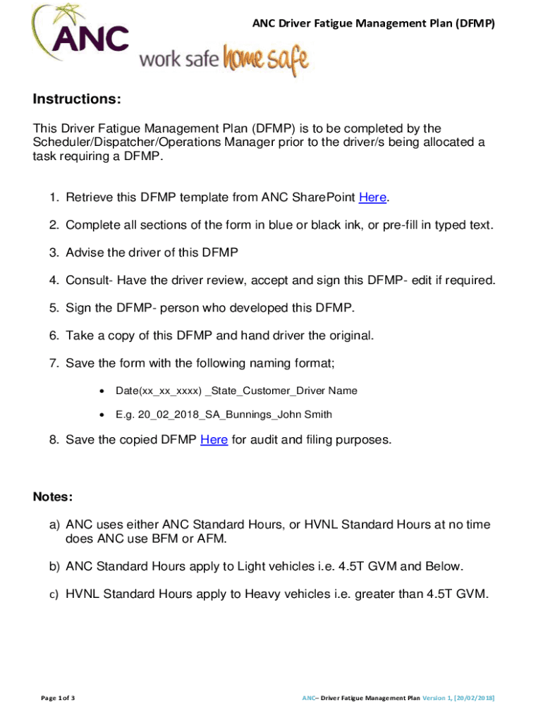 Fillable Online Driver Fatigue Management Plan - ancsafety.com.au Fax ...