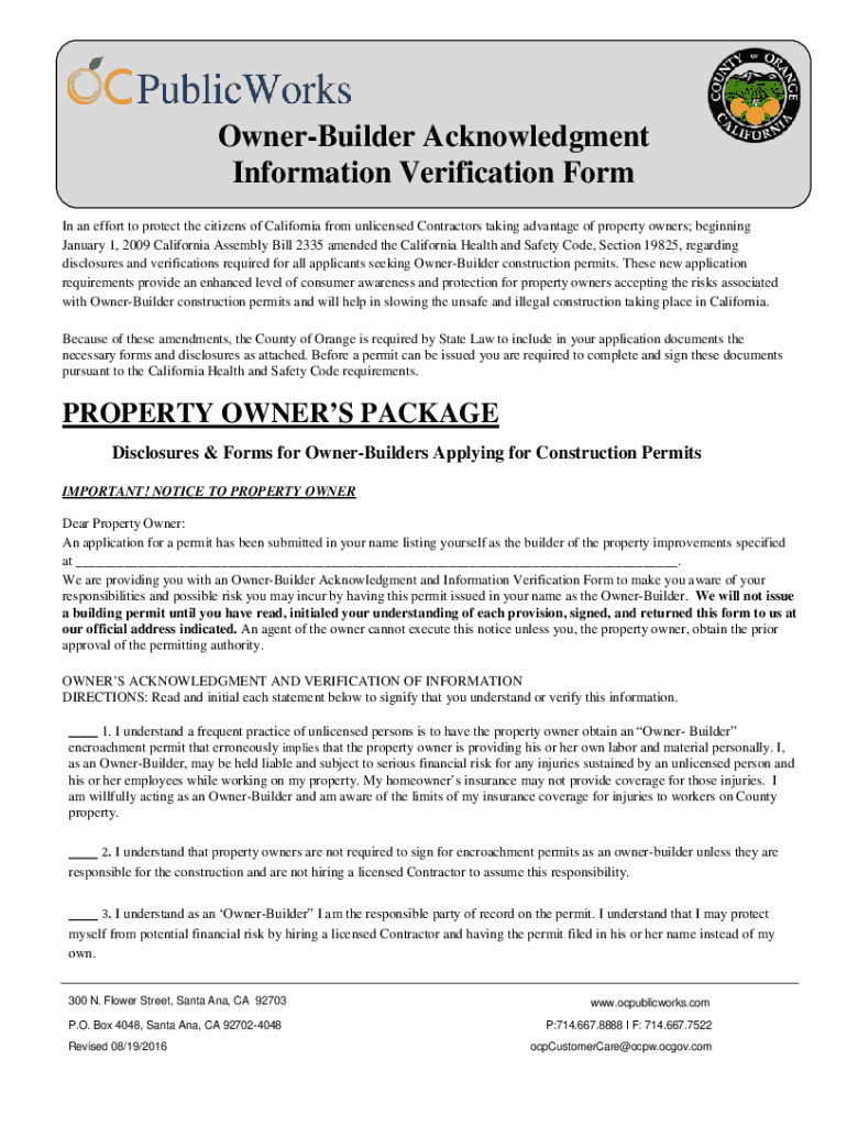 Fillable Online OWNER-BUILDER ACKNOWLEDGEMENT & INFORMATION ...