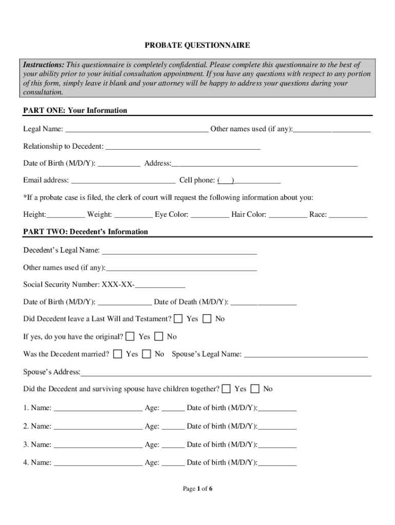 Fillable Online PROBATE QUESTIONNAIRE INSTRUCTIONS: (A) PLEASE COMPLETE ...