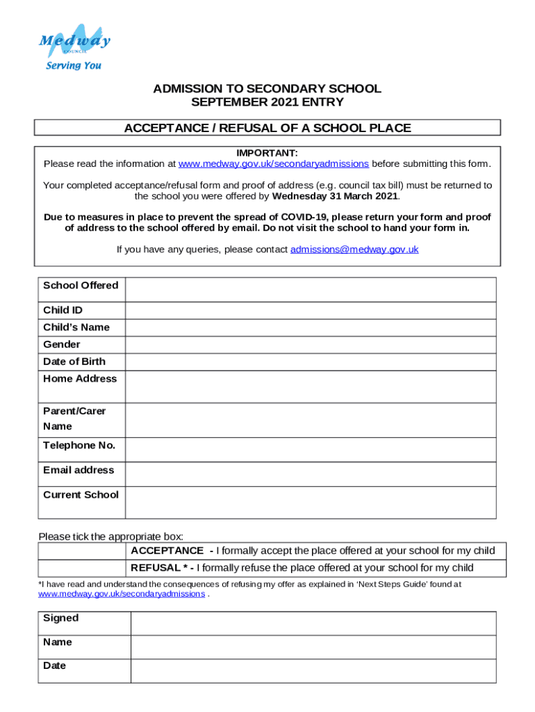Secondary Admissions 2021 - Acceptance-Refusal Doc Template | pdfFiller
