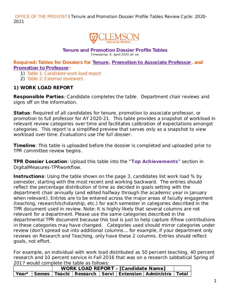 Tenure and Promotion Dossier Profile Tables Doc Template | pdfFiller
