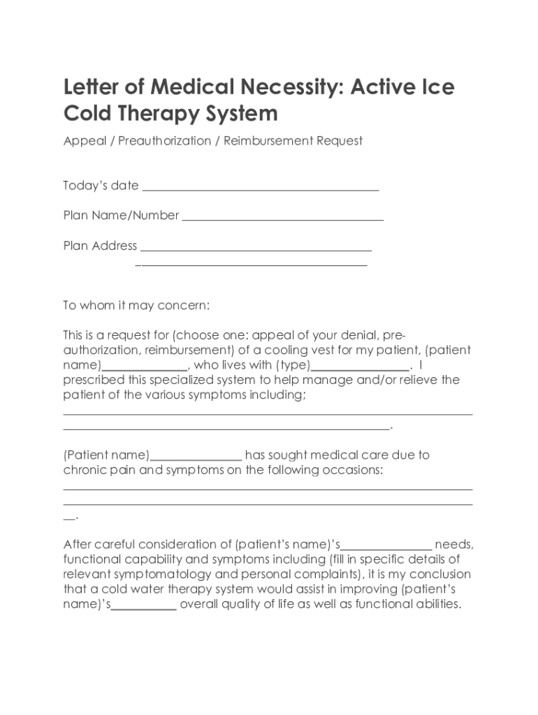 Fillable Online Letter of Medical Necessity: Active Ice Cold Therapy ...