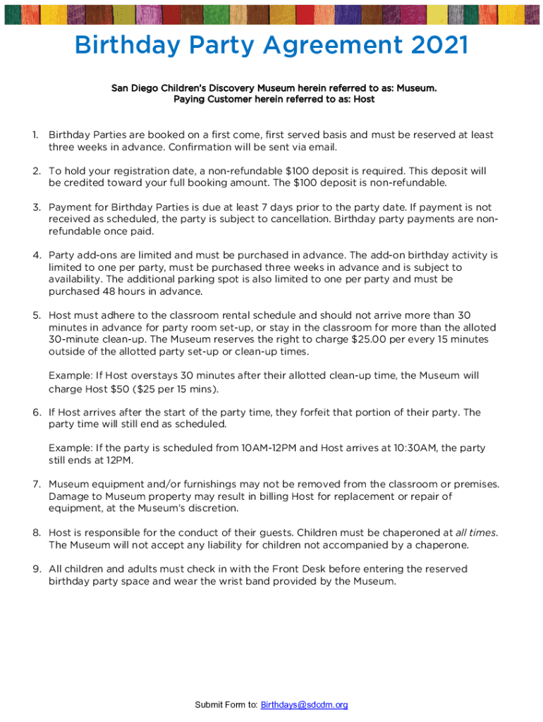 Fillable Online Birthday Party Agreement Form 2021.docx Fax Email Print ...