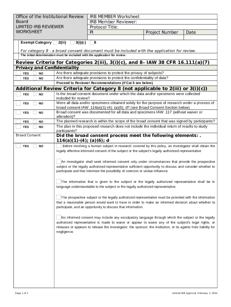 Limited IRB Review Reviewer Worksheet/Checklist. Limited IRB Review ...