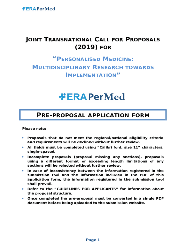 ERA PerMed JTC2019 Pre-proposal application Doc Template | pdfFiller