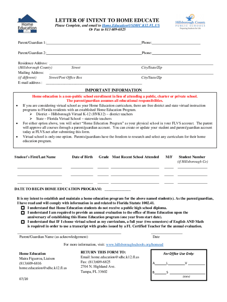 Hillsborough County Letter Of Intent To Homeschool - XpCourse: Fill out ...