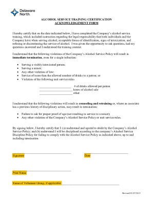 Fillable Online Alcohol Service Training Certification Form (rev. 01-07 ...