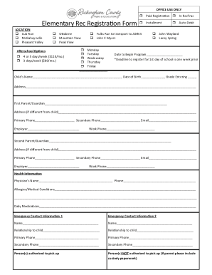 Fillable Online Elementary Rec Registration Form Fax Email Print ...