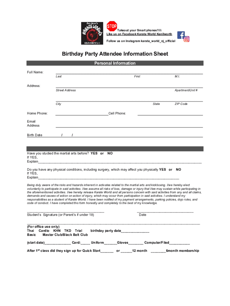 Fillable Online Birthday Party Attendee Information Sheet - Karate ...