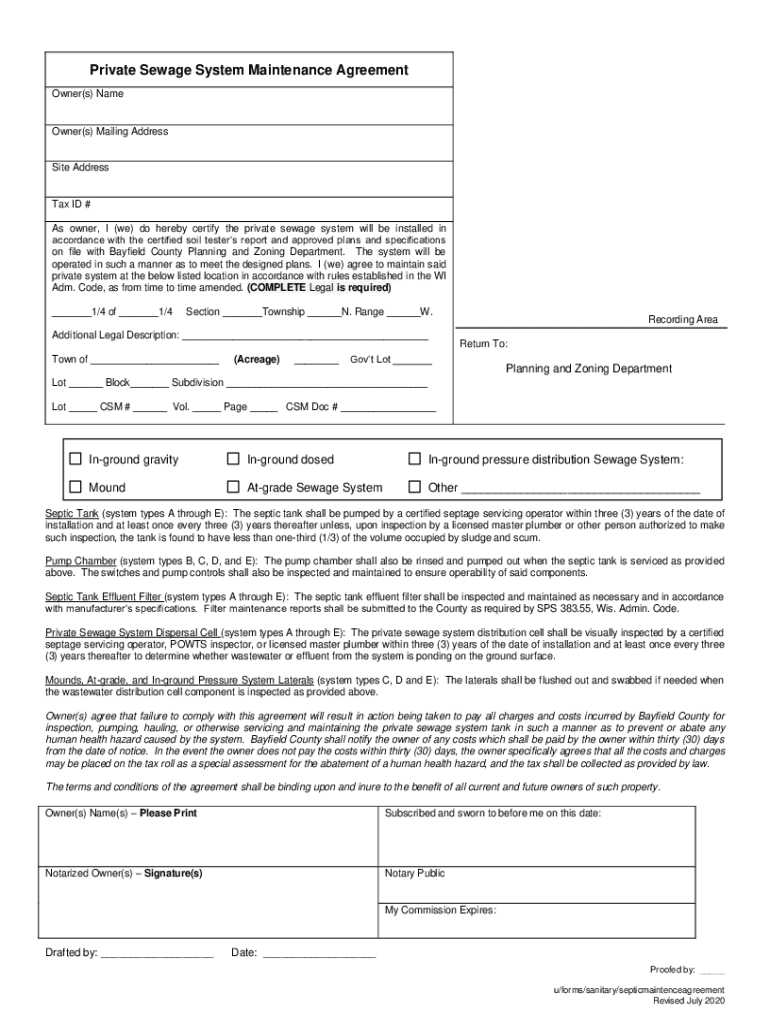Fillable Online Private Sewage System Maintenance Agreement - Wisconsin Fax Email Print - pdfFiller