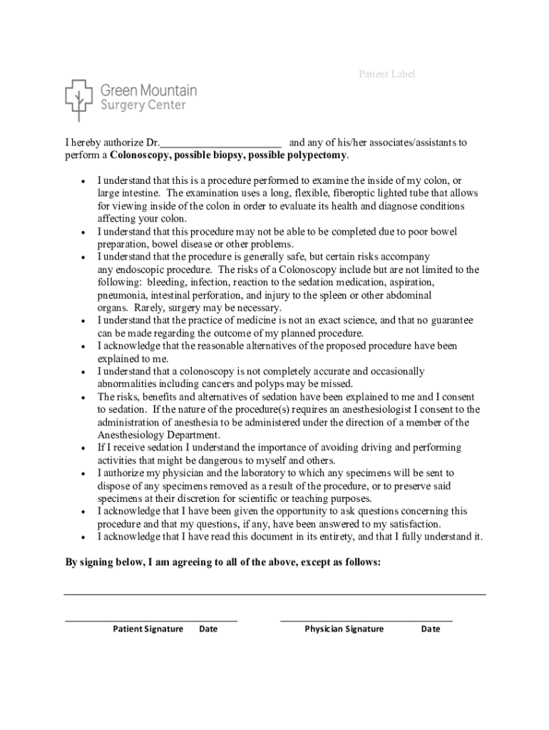 Fillable Online Colonoscopy Consent Form - Green Mountain Surgery ...