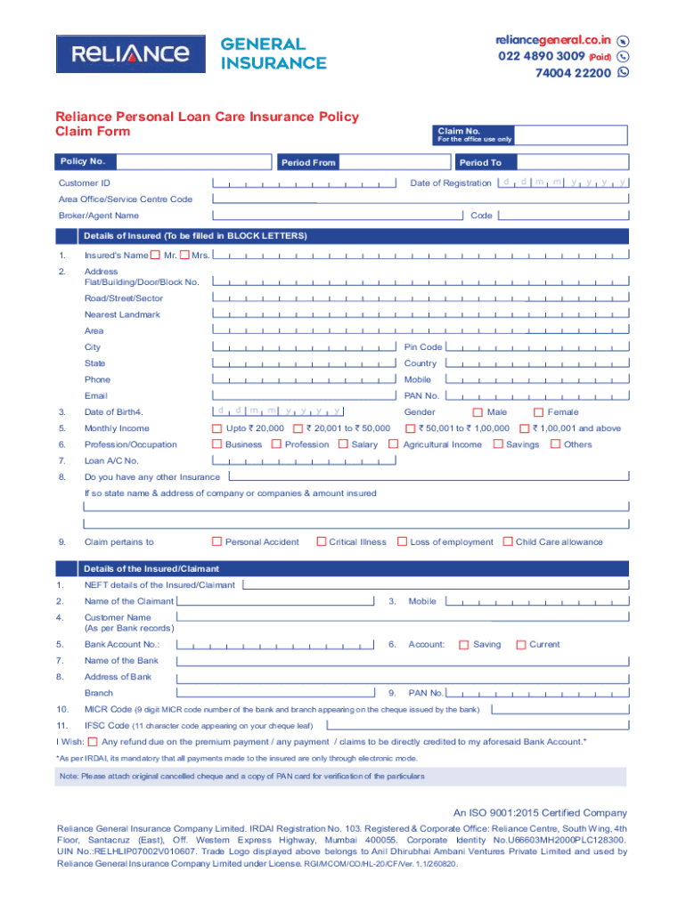 Fillable Online Reliance Personal Loan Care Insurance Policy Claim Form ...