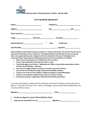 Fillable Online Cat Trap Rental Agreement - Critters Without Litters ...