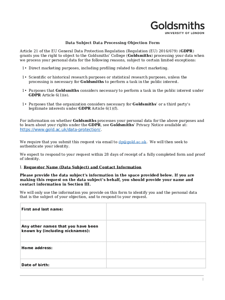 Data Subject Data Processing Objection GDPR LSHTM ... Doc Template ...