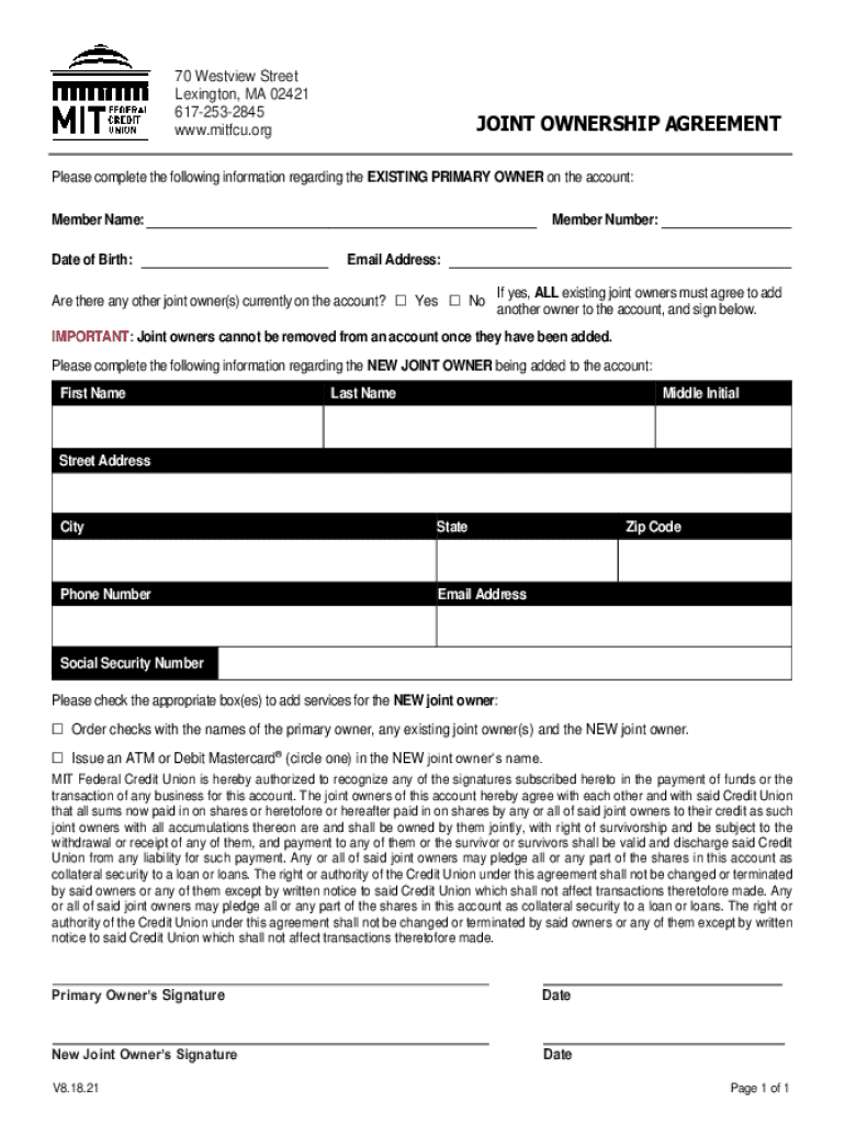 Fillable Online JOINT OWNERSHIP AGREEMENT - Cambridge Lexington MA Fax ...