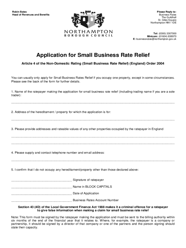 Fillable Online Application for Small Business Rate Relief ...