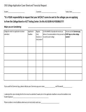 Fillable Online CNS College Application Cover Sheet and Transcript ...