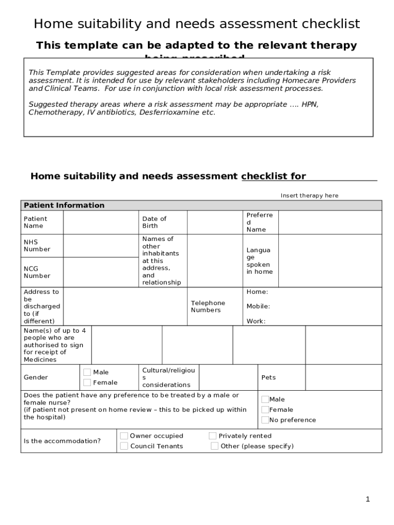 Home Suitability and Needs Assessment Checklist - Blank Fillable ...