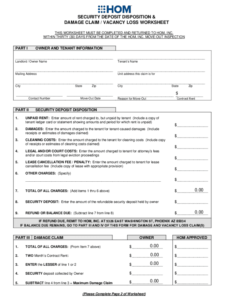 Fillable Online Fillable Online Damage Claim and Vacancy Loss Worksheet ...