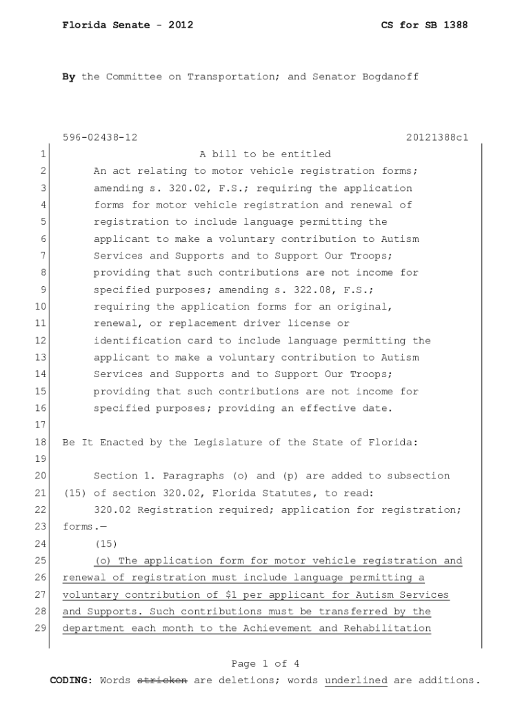 Fillable Online Bill Text - CS/SB 1388 (2012) - Motor Vehicle ...