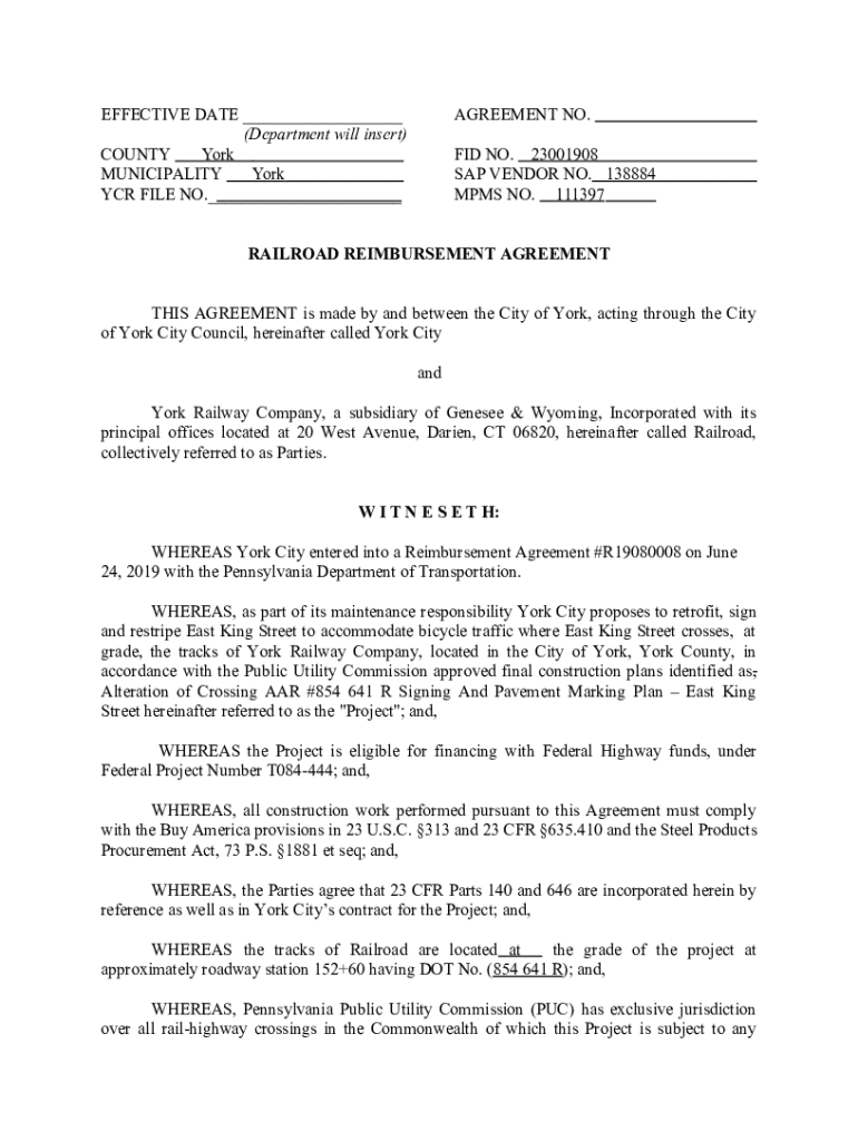 Fillable Online Railroad Reimbursement Agreement Fax Email Print ...