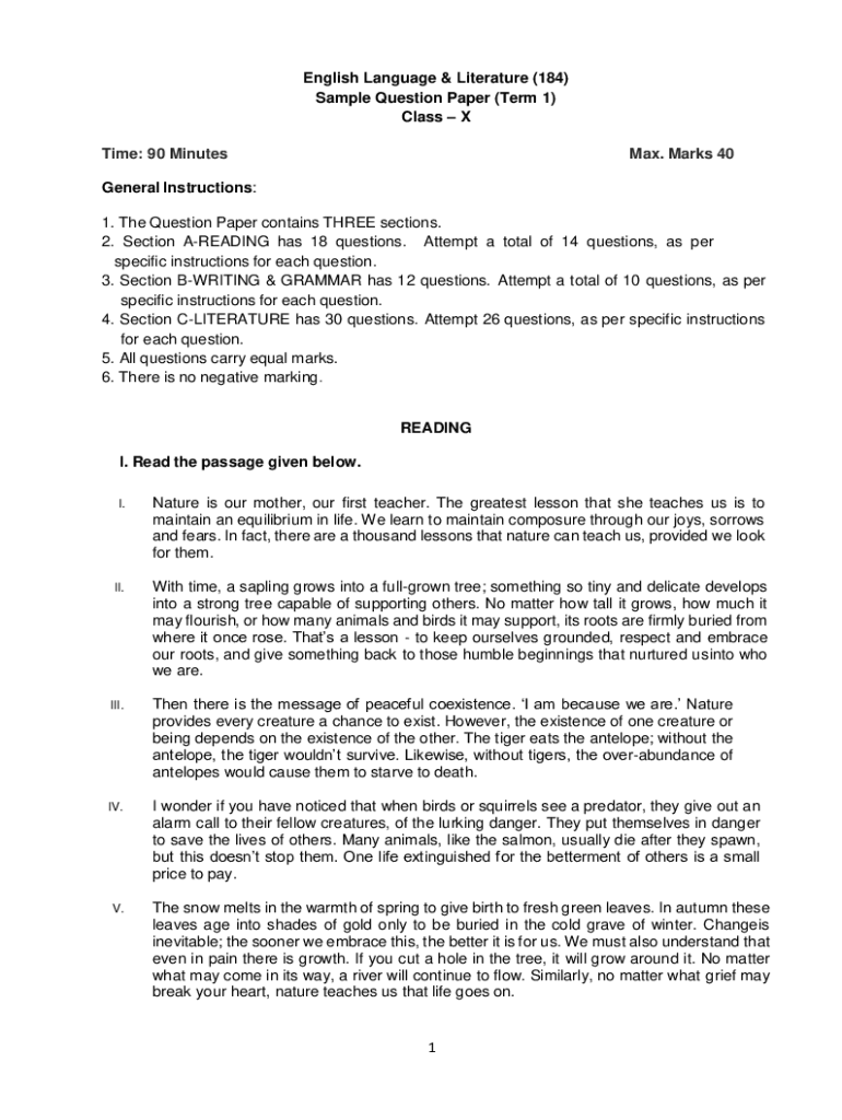 Fillable Online English Sample Paper Class 10 EnglishPDF Fax Email ...