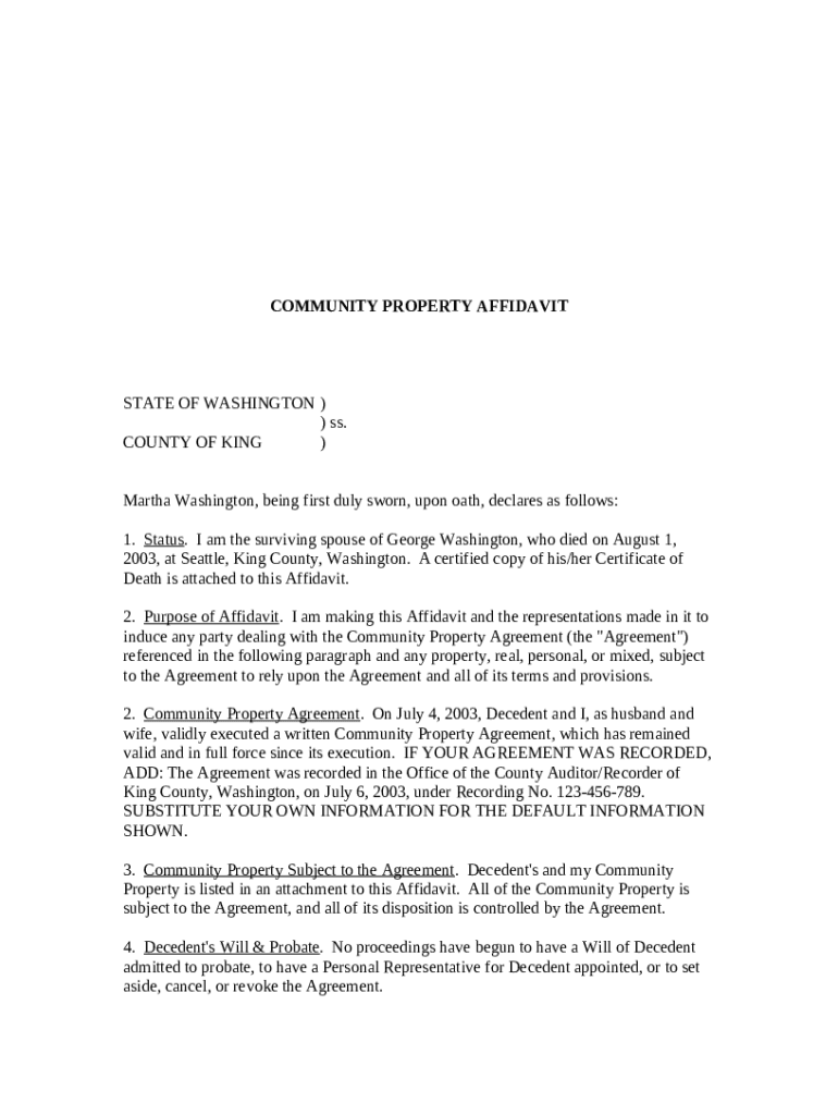 COMMUNITY PROPERTY AFFIDAVIT - WA probate Doc Template | pdfFiller