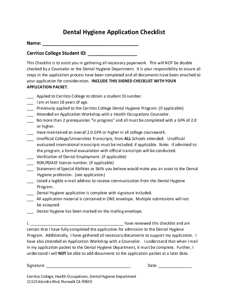 Fillable Online Dental Hygiene Application Checklist - Cerritos College ...
