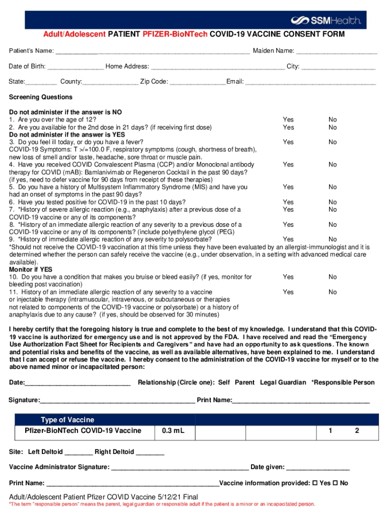 Fillable Online Adult/Adolescent Patient Pfizer-BioNTech COVID-19 Vaccine Consent FormSSM Health ...