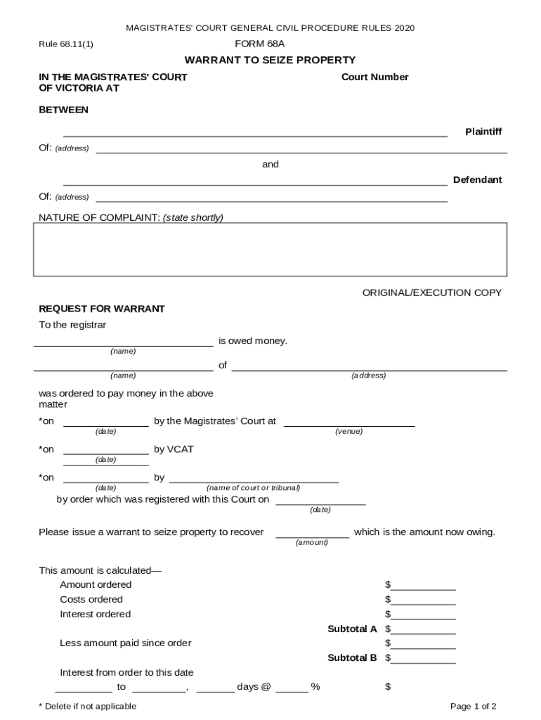 Warrant to seize property 68A - Magistrates Court of ... Doc Template ...