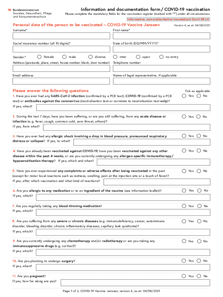 Fillable Online Information and documentation form/COVID-19 vaccination ...