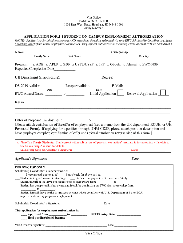 Fillable Online PDF application for j-1 student on-campus employment ...