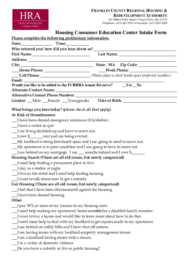 Fillable Online Housing Consumer Education Center Intake Form - fcrhra Fax Email Print - pdfFiller