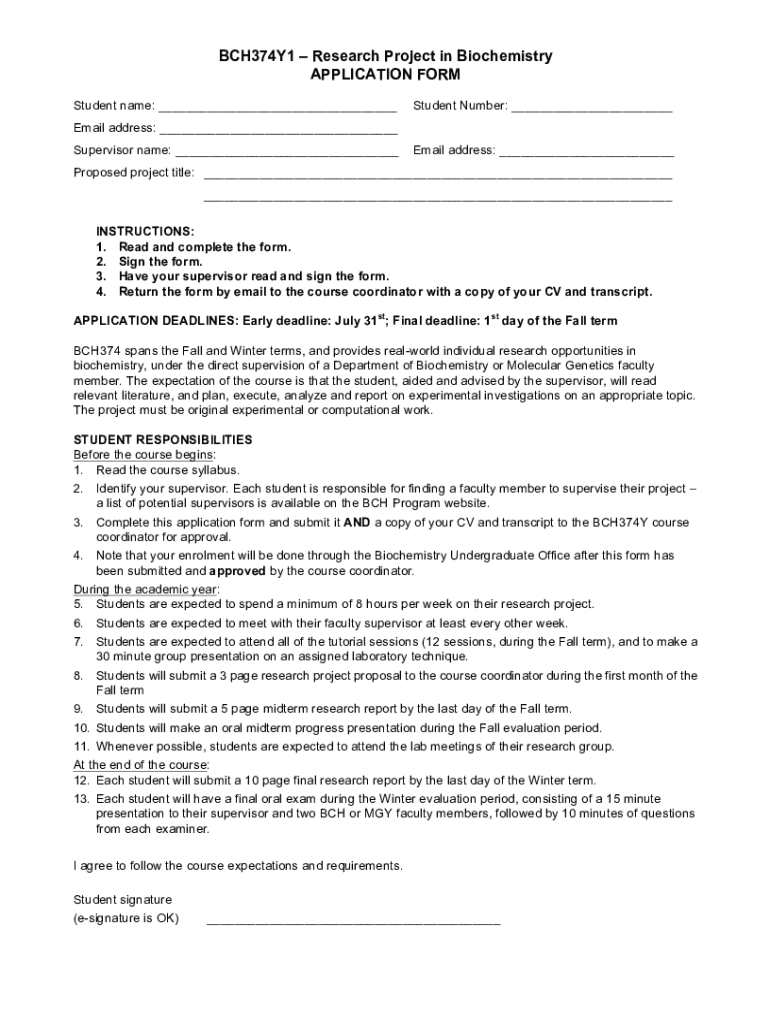 Fillable Online BCH374Y1Research Project in Biochemistry APPLICATION ...