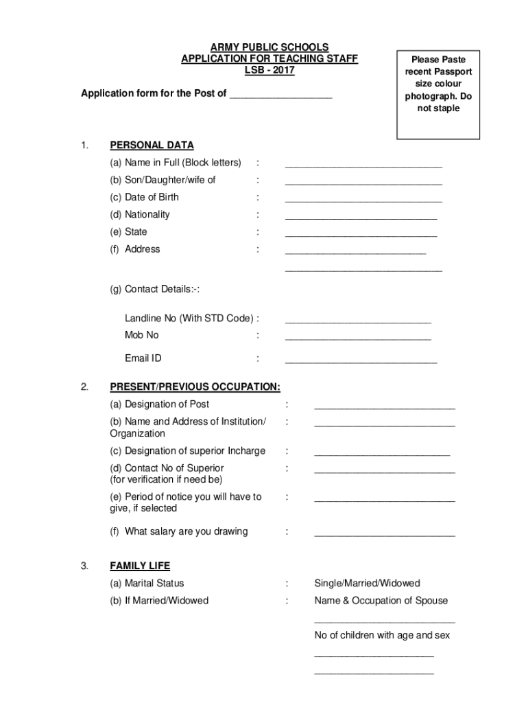 Fillable Online Army Public School Samba Application Form - Career ...