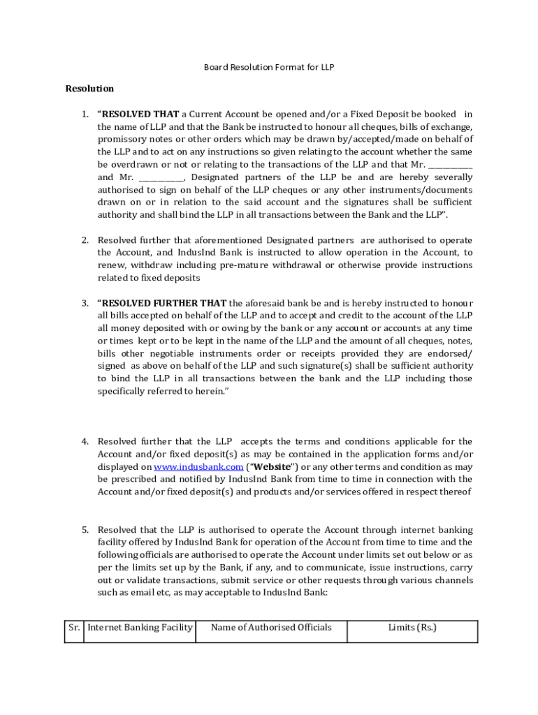Fillable Online Board Resolution for Opening a New Current Account with ...