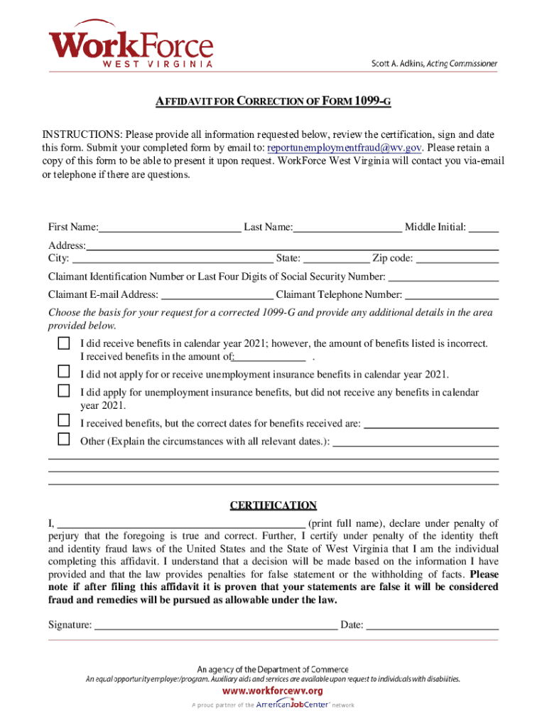Affidavit for Correction of Form 1099-G - Blank Fillable Template ...