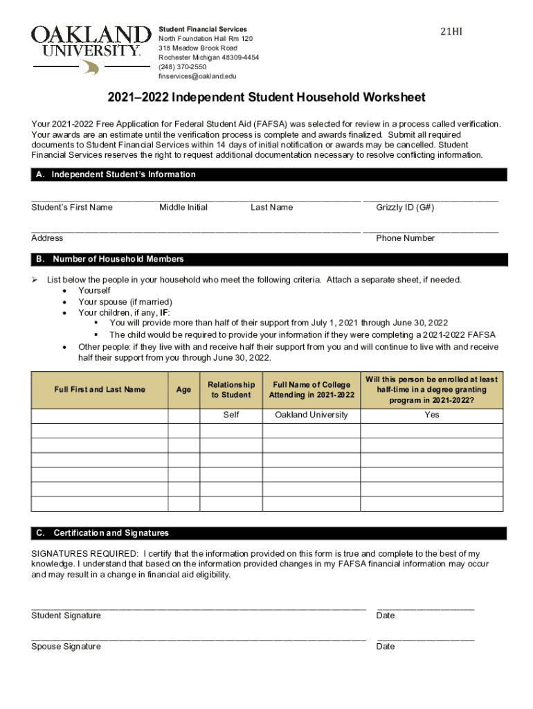 Fillable Online 20212022 Independent Student Household Worksheet ...