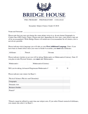 Fillable Online Subject Selection Form Grade 10 2018 Fax Email Print ...