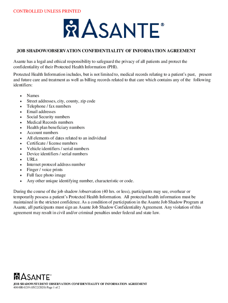 Fillable Online Job Shadowing Confidentiality Agreement , Jobs ...