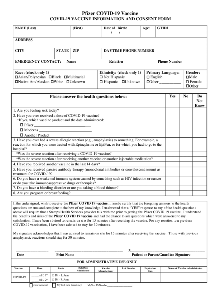 Fillable Online health gatech Pfizer COVID-19 Vaccine - Stamps Health ...