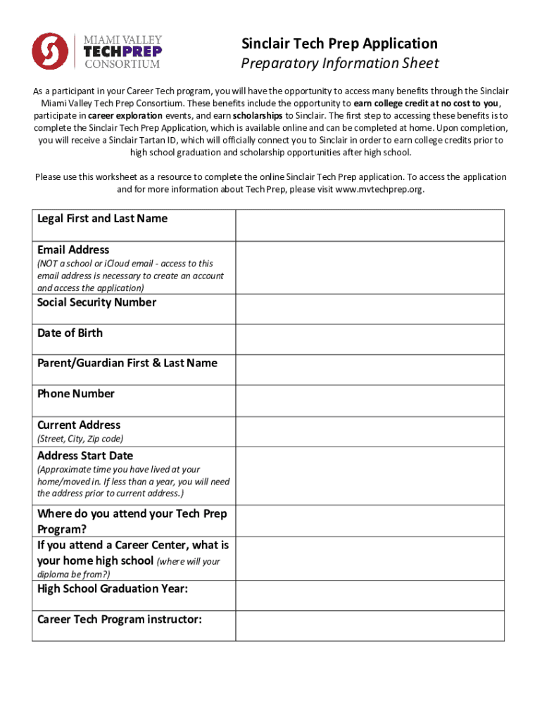Fillable Online Sinclair Tech Prep Application Preparatory Information ...